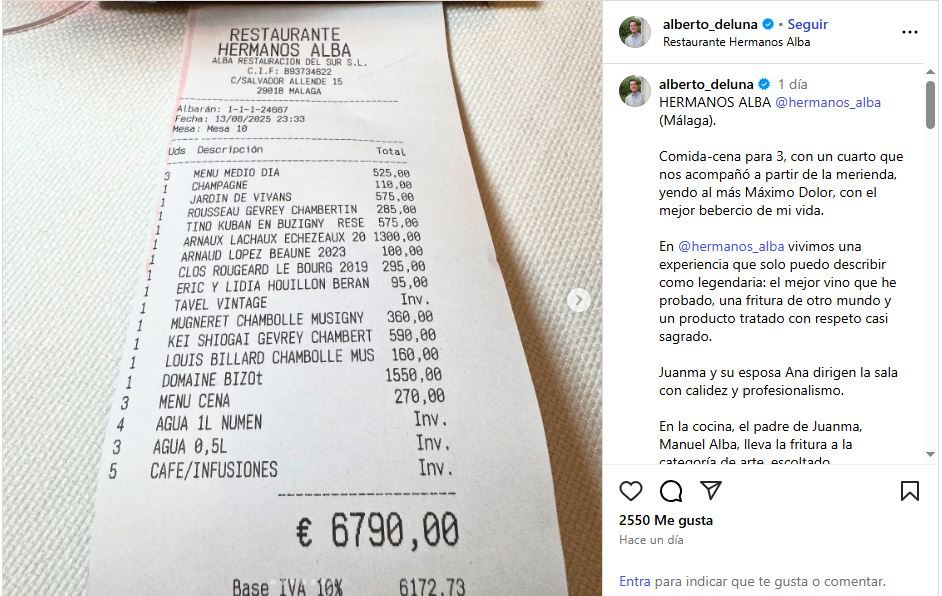 La cuenta de 6.700 euros del influencer Alberto de Luna en el ...