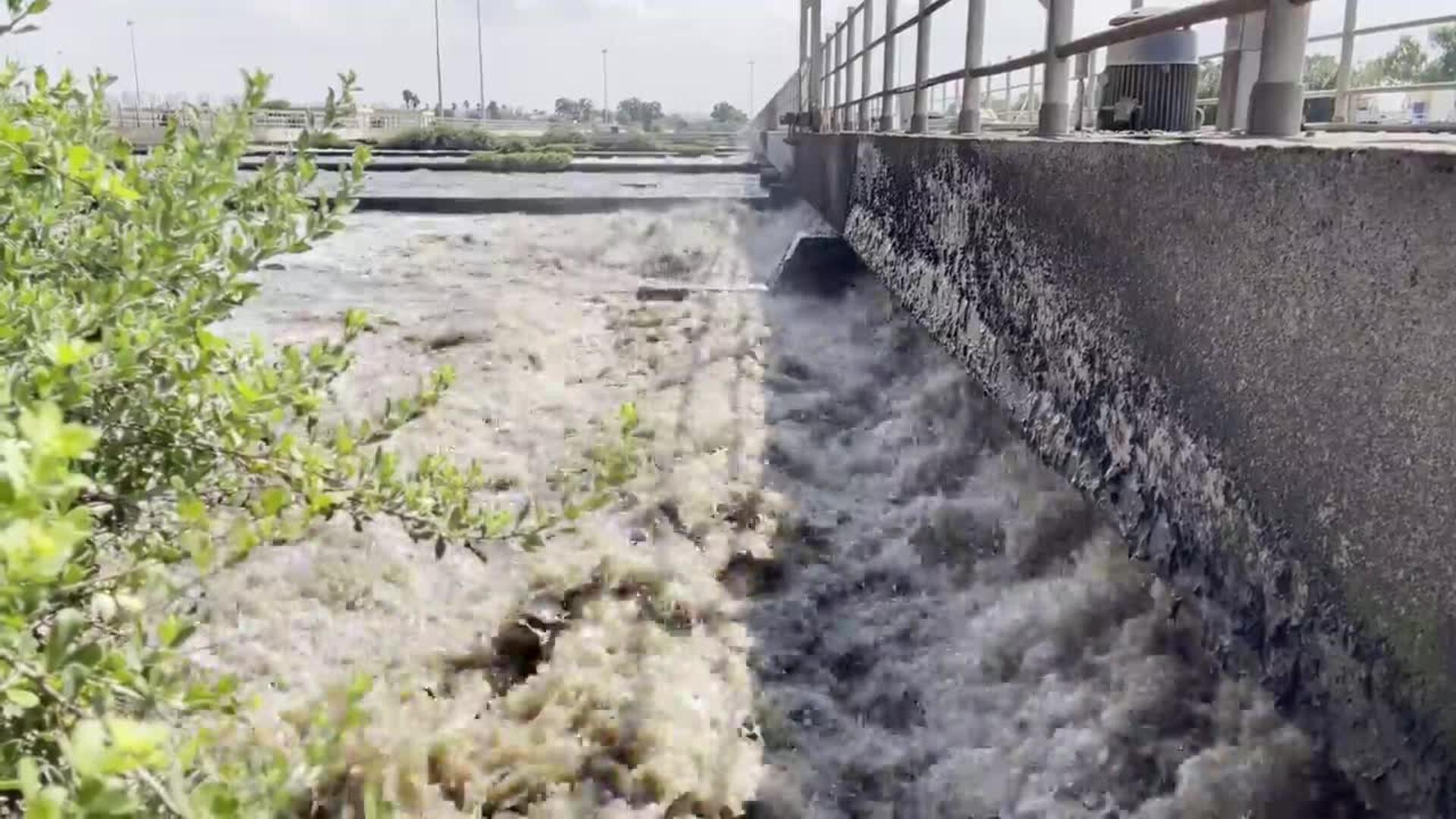 Piscina de aguas residuales en Shafdan antes de ser tratadas y usadas ...